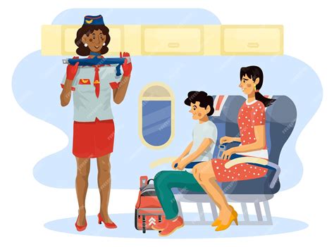 premium vector vector illustration of woman stewardess who shows how to fasten your seat belt