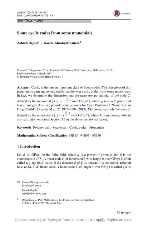 Some Cyclic Codes From Some Monomials Request Pdf