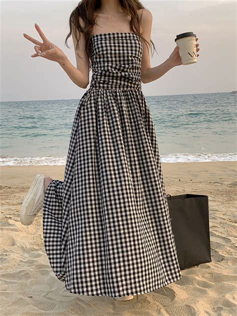 블롱뮤 오프 숄더 체크 나시 원피스 스퀘어 넥 튜브 탑 하이 웨스트 셔링 유니크 캐주얼 A 라인 롱 미디 스커트 치마 플레어 플리츠 드레스 체커 보더 포켓 페미닌 맥시