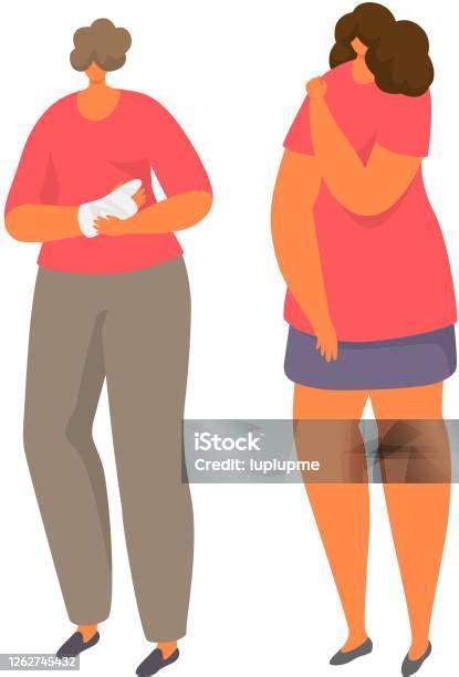 남성 캐릭터는 캐스트에 팔을 부러 여성 타박상 어깨 가난한 건강 젊은 사람들이 흰색에 고립 된 상태 만화 벡터 일러스트 멍에 대한 스톡 벡터 아트 및 기타 이미지 Istock