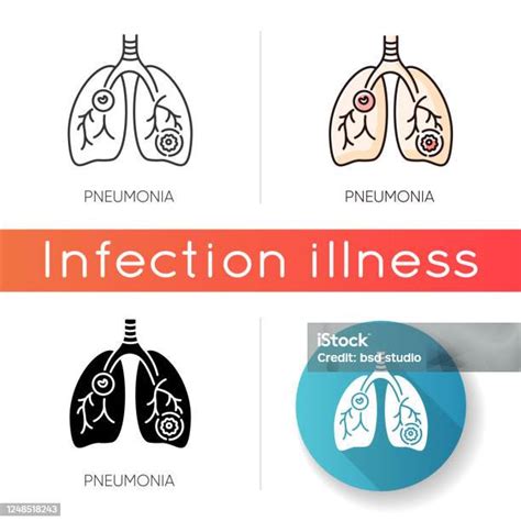 폐렴 아이콘 리니어 블랙 및 Rgb 색상 스타일 위험한 호흡기 질환 폐 질환 연쇄상 구균 감염 진균 혈소판 박테리아 감염된 폐 절연 벡터 일러스트레이션 감기와 독감에 대한