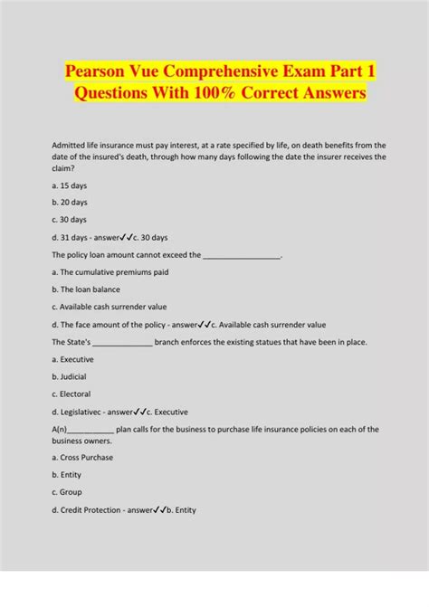 Pearson Vue Comprehensive Exam Part 1 Questions With 100 Correct