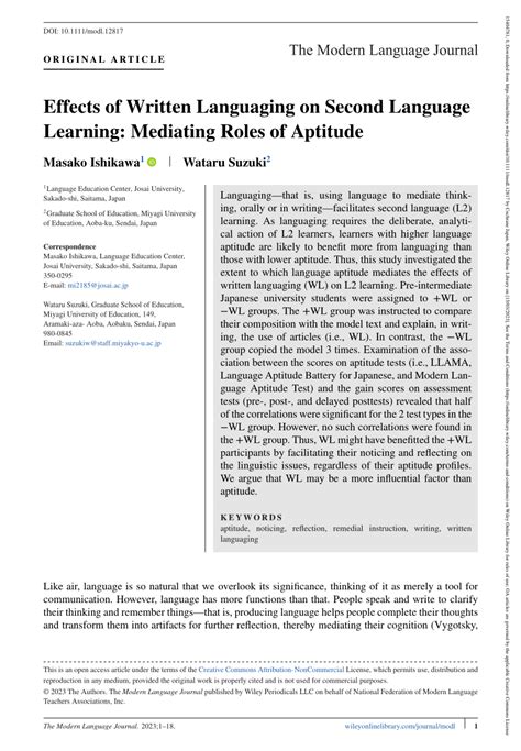 Pdf Effects Of Written Languaging On Second Language Learning Mediating Roles Of Aptitude