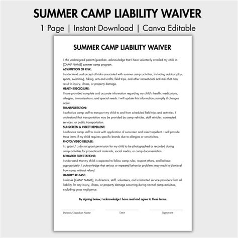 Editable Simple Summer Camp Liability Waiver