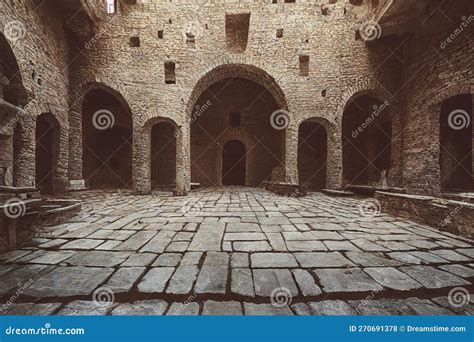 Ancient Courtyard Inside Stone Building Background Digital Illustration