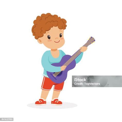 귀여운 소년 기타 장난감 악기와 젊은 음악가 어린이 만화 벡터 일러스트 레이 션을 위한 음악 교육 교육에 대한 스톡 벡터 아트 및 기타 이미지 Istock