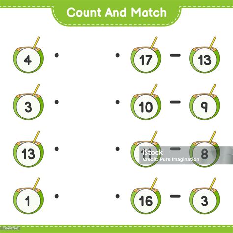 카운트 앤 매치 코코넛 의 수를 계산하고 올바른 숫자와 일치합니다 교육 어린이 게임 인쇄 워크 시트 벡터 일러스트레이션 0명에 대한 스톡 벡터 아트 및 기타 이미지 Istock