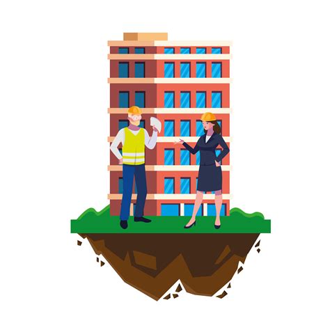 Male Builder Constructor With Woman Engineer And Building 652881 Vector Art At Vecteezy