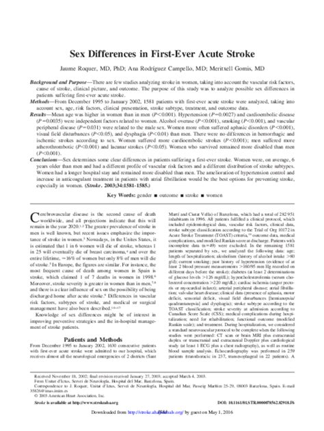 Pdf Sex Differences In First Ever Acute Stroke