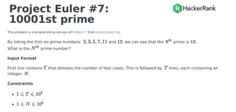 Solved Project Euler 7 10001st Prime H Hackerrank This