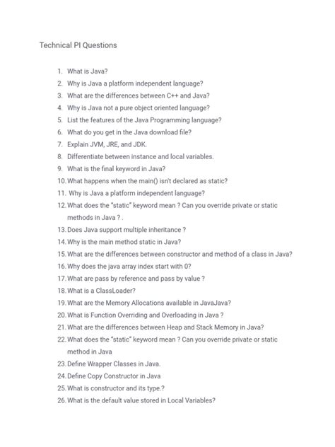 Technical Pi Questions Pdf Method Computer Programming Java