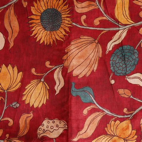 Dola Silk Kalamkari Digital Print Rust Red With Teal And Mustard Flowe