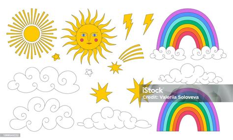 스트로크와 복고풍 스타일의 자연 요소세트 얼굴과 눈 빈티지 구름 무지개 번개 별과 태양 흰색 배경에 격리된 밝은 색상의 벡터 그림입니다 1970 1979 년에 대한 스톡