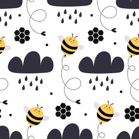 Premium Vector Seamless Pattern With Cartoon Bees Clouds
