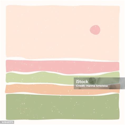 현대 추상 미니멀리스트 풍경 포스터입니다 우크라이나 풍경입니다 파스텔 색상 핑크와 그린 보헤미안 미드 센추리 아트 프린트 플랫 디자인 스톡 벡터 일러스트레이션 0명에 대한