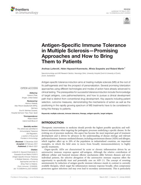 Pdf Antigen Specific Immune Tolerance In Multiple Sclerosis—promising Approaches And How To