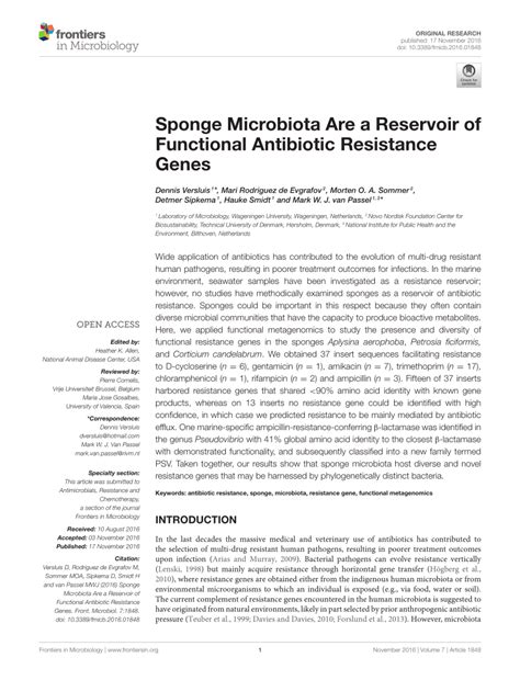 Pdf Sponge Microbiota Are A Reservoir Of Functional Antibiotic Resistance Genes