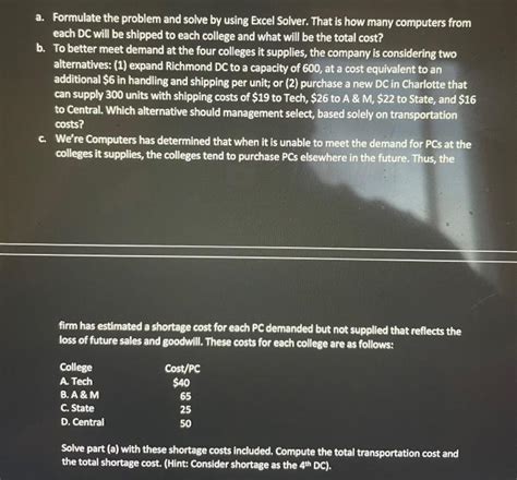 A Formulate The Problem And Solve By Using Excel