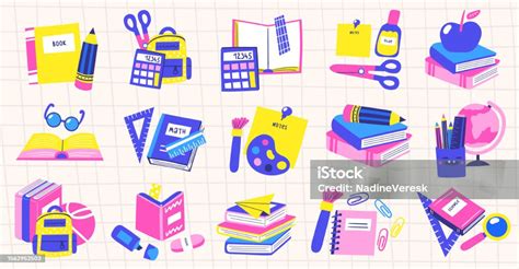 사과 공 연필 가위 접착제 안경 마커 지우개 메모지 배낭 붓 계산기 책으로 설정된 학교 개념 개체로 돌아갑니다 일러스트레이션에 대한 스톡 벡터 아트 및 기타 이미지 Istock