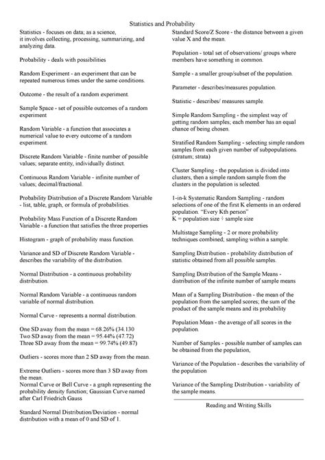 Reviewer Summarized Notes Statistics And Probability Statistics
