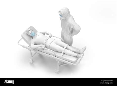 patient on a gurney and doctor in protective hazmat suite pandemic concept 3d rendering stock
