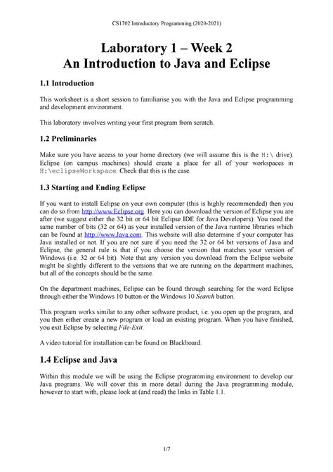 Lab 1 Introduction To Java And Eclipse Laboratory 1 Week 2 An Introduction To Java And