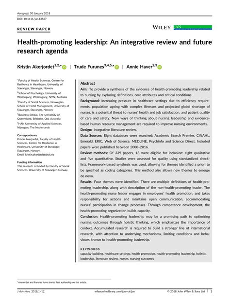 Pdf Health Promoting Leadership An Integrative Review And Future Research Agenda
