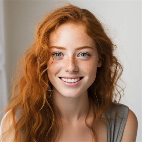 Retrato De Una Chica Pelirroja Feliz Con Pecas Sonriendo Mirando A La