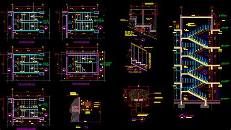 Staircase Elevation And Sections Autocad Drawing