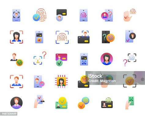 Face Id 생체 인식 Touch Id 플랫 그라데이션 아이콘 세트 아이콘에 대한 스톡 벡터 아트 및 기타 이미지 아이콘 플랫 디자인 안면 인식 기술 Istock