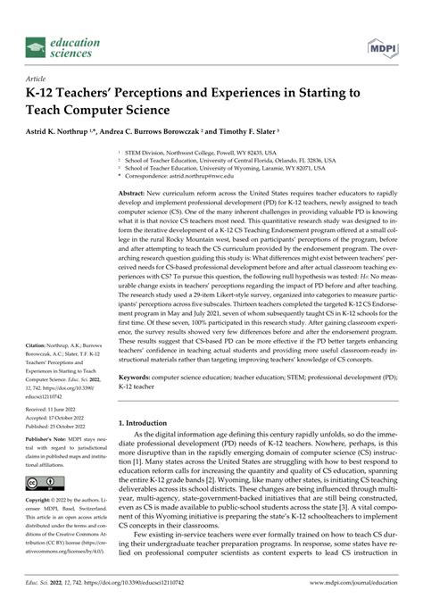 Pdf K 12 Teachers Perceptions And Experiences In Starting To Teach Computer Science