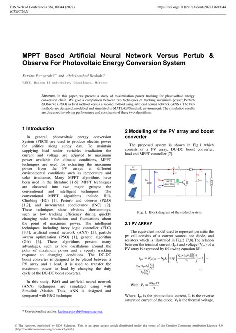 Pdf Mppt Based Artificial Neural Network Versus Pertub And Observe For Photovoltaic Energy