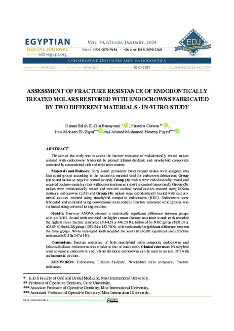 Pdf Assessment Of Fracture Resistance Of Endodontically Treated Molars Restored With