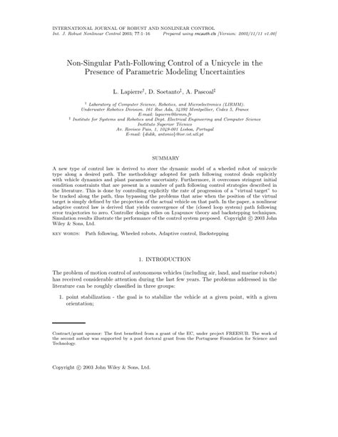 Pdf Nonsingular Path Following Control Of A Unicycle In The Presence Of Parametric Modelling