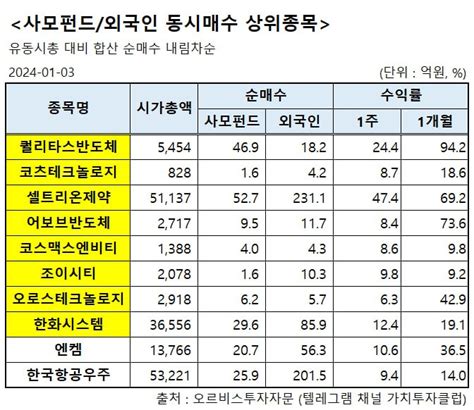 사모펀드외국인 동시매수 상위종목
