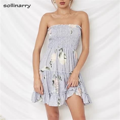 Sollinarry Blue Ruffle Floral Print Strapless Short Dresses 2018 Summer