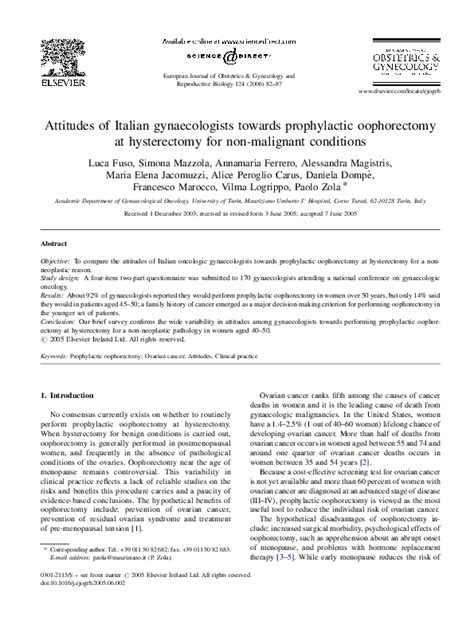 Pdf Attitudes Of Italian Gynaecologists Towards Prophylactic Oophorectomy At Hysterectomy For