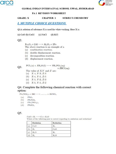 Chemistry Revision Worksheet Ch1 Pdf Chemical Reactions Oxide