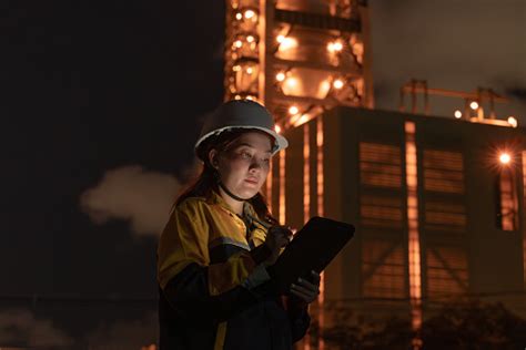 아시아 화학 및 에너지 엔지니어 여성은 작업 헬멧과 반사 조끼를 착용하고 밤에는 석유 화학 산업 생산에서 정유 공장의 데이터를 확인하기 위해 디지털 태블릿을 사용합니다 35
