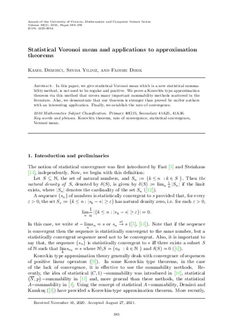 Pdf Statistical Voronoi Mean And Applications To Approximation Theorems