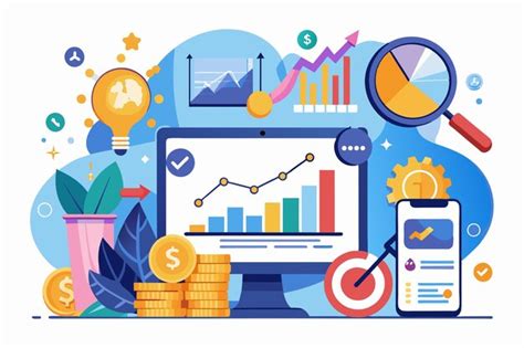 the workspace displays a computer and smartphone analyzing business development metrics and