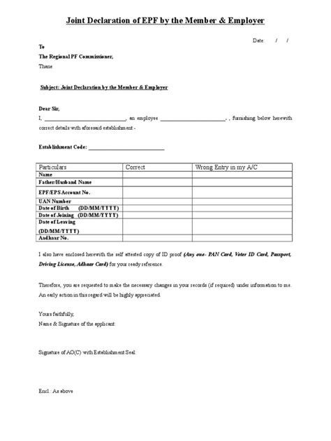 2016 April Epf Joint Declaration For Correction In Dob1 Blank Pdf