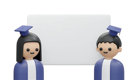 가운과 졸업 모자를 가진 아이들의 3d 렌더링은 학교로 돌아 오는 정보 개념을위한 빈 종이 공간 3d 렌더링 일러스트 만화 스타일 3차원 형태에 대한 스톡 사진 및 기타