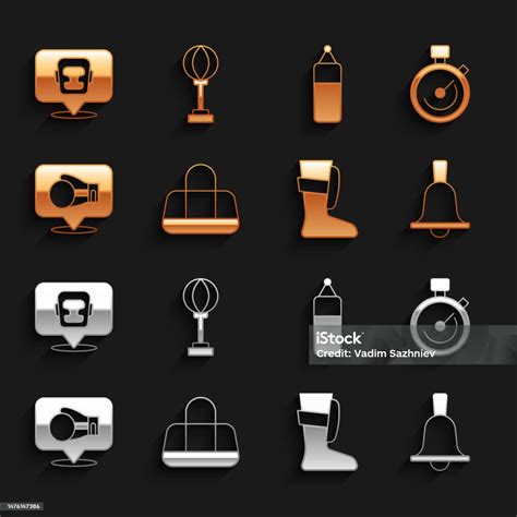 스포츠 가방 스톱워치 권투 벨 권투 신발 장갑 펀칭 헬멧 및 아이콘을 설정합니다 벡터 가죽에 대한 스톡 벡터 아트 및 기타 이미지 Istock