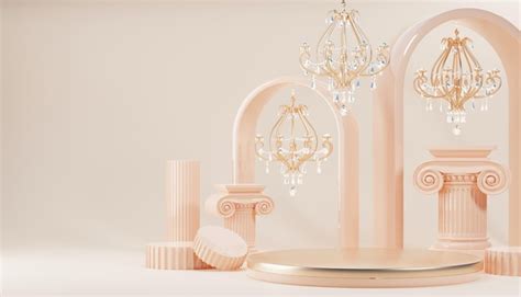 제품 배경을 위한 로마 기둥과 샹들리에 크리스탈이 있는 3d 고급 연단 프리미엄 사진