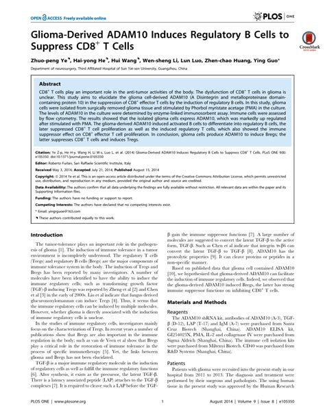 Pdf Glioma Derived Adam10 Induces Regulatory B Cells To Suppress Cd8 T Cells