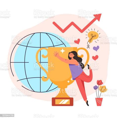 골든 컵을 들고 여자 우승자 노동자 캐릭터 우승 축하 행사 개념 벡터 그래픽 디자인 일러스트레이션 1위에 대한 스톡 벡터 아트