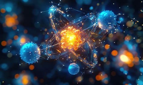 Close Up Of An Atom With Illuminated Nucleus And Orbiting Electrons