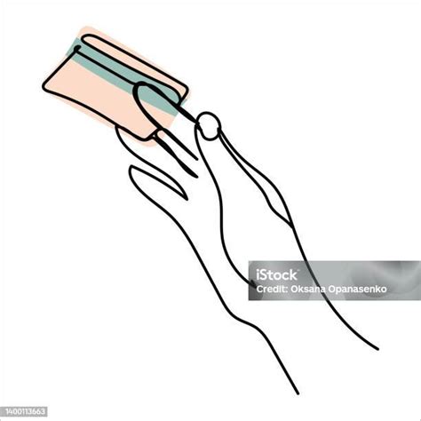 지갑으로 한 줄의 손으로 그렸습니다 은행 신용 카드 템플릿을 들고 손의 연속 한 줄 그리기 근접 촬영 흰색 배경에 고립된 벡터 일러스트 레이 션 가계에 대한 스톡 벡터 아트