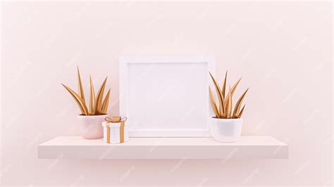 프레임이 있는 벽에 매달려 있는 선반 모형용 선물 상자 템플릿 빈 책장 프리미엄 사진